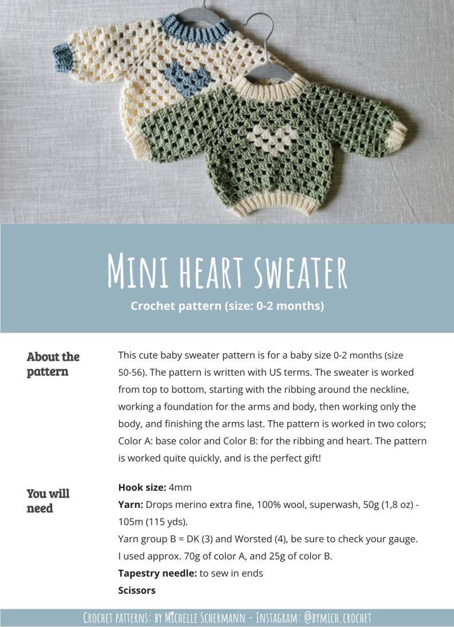 Crochet PATTERN Mini Heart Sweater sizes 0-2, 2-4, 4-6 and 6-9 Months ...