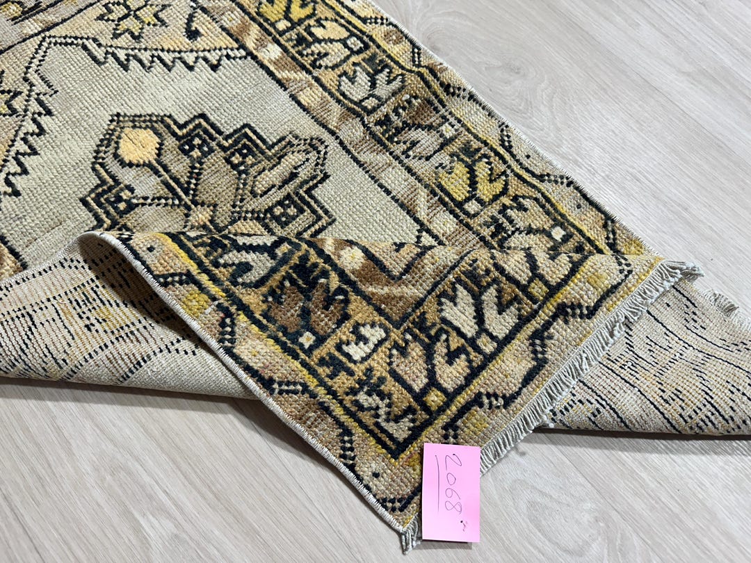 2x4 Beige Brown Yellow Turkish Small Rug, 2x4 Neatrul Wool Vintage Rug ...