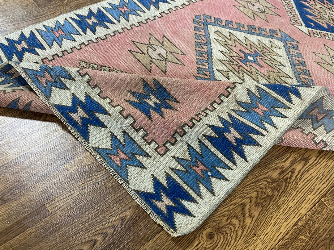 3.4x5.5 Ft White Pink Blue Turkish Small Rug, 3x5 Handmade White Blue ...