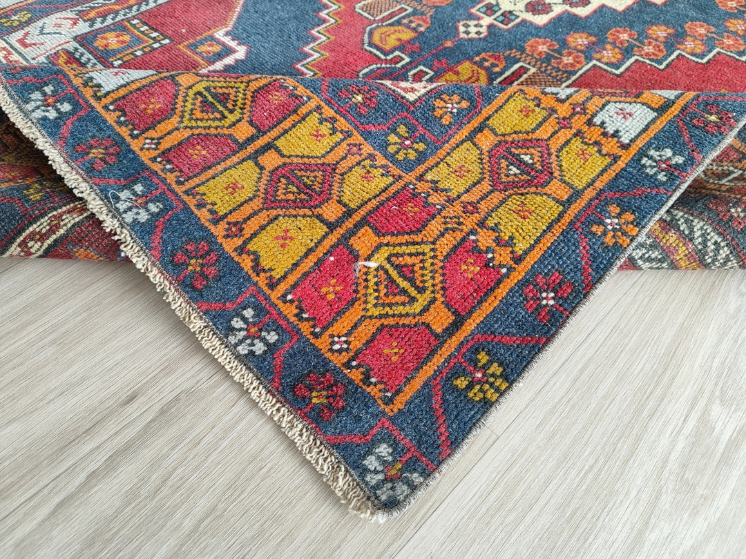 4x8 Red Blue Orange Yellow Vintage Rug, 4x8 Handmade Oushak Rug ...