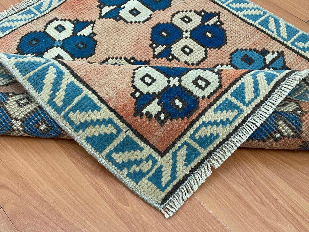 2x2 Square Orange Blue Turkish Door Mat, 2x2 Turkish Vintage Rug ...