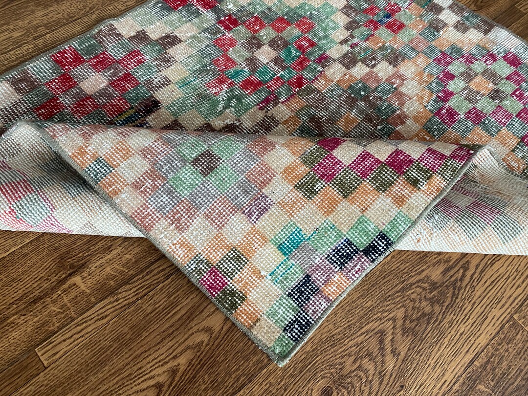 3x3 Red Blue Orange Beige Turkish Small Rug, Handmade 3x3 Square ...