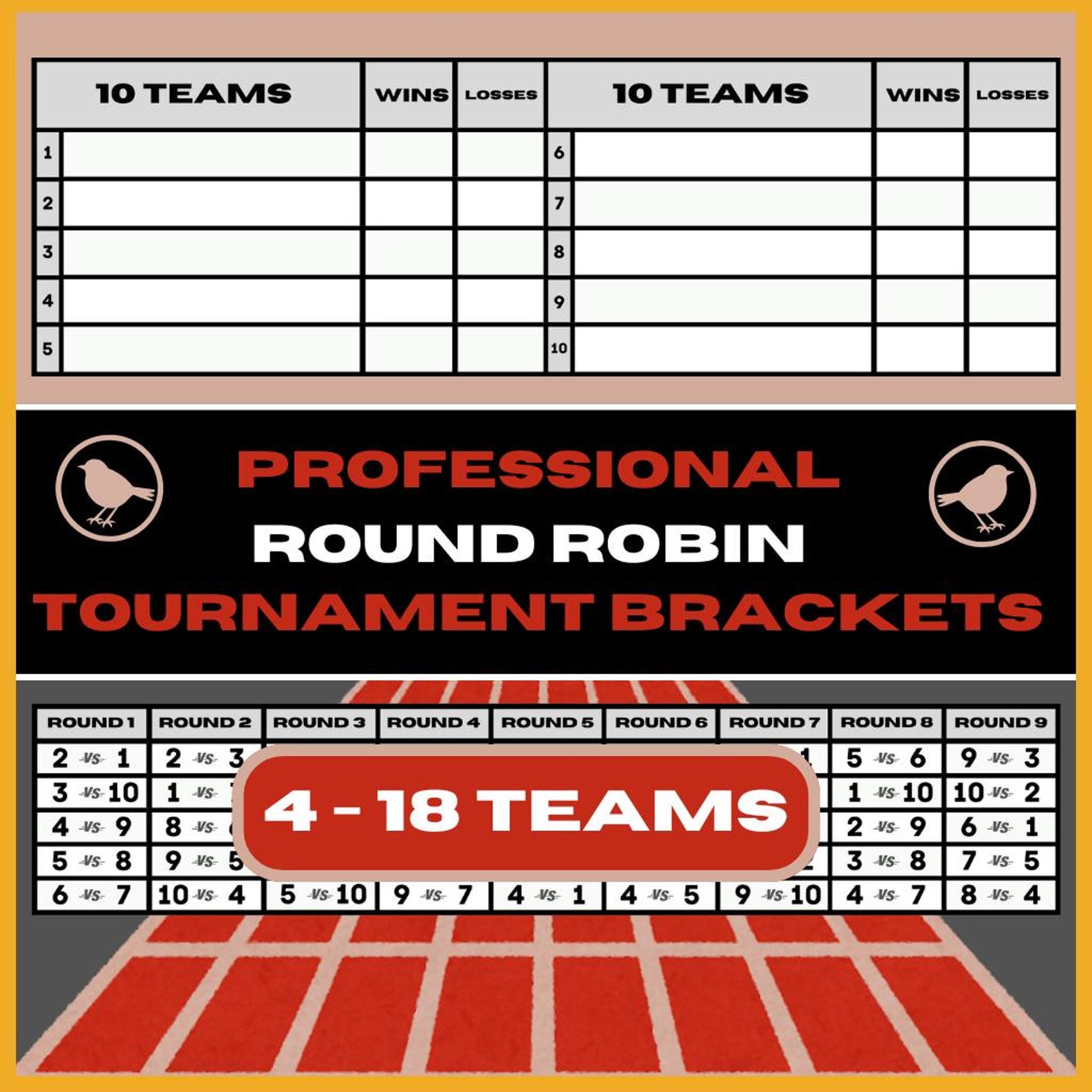 Professional Round-robin Tournament Brackets (printable) - 4 to 18 Team ...