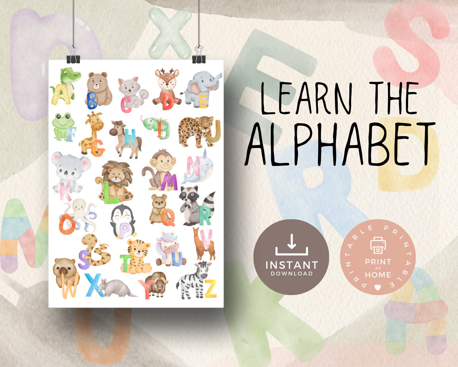Learn the Alphabet Poster for Kids // Cute Animals Poster // Alphabet ...