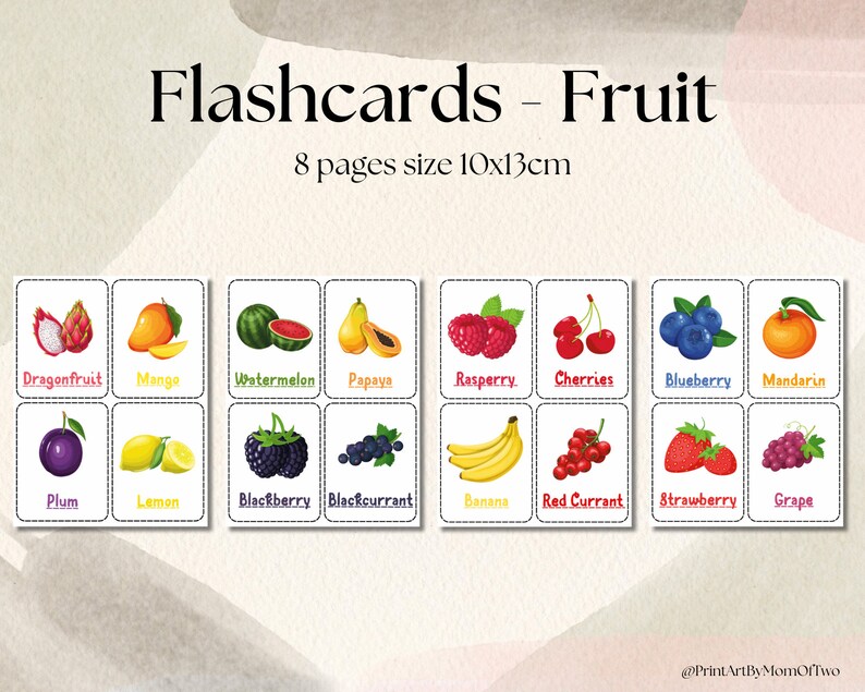Educational Printable Cards Fruits Cards Preschool Flashcards Learning ...