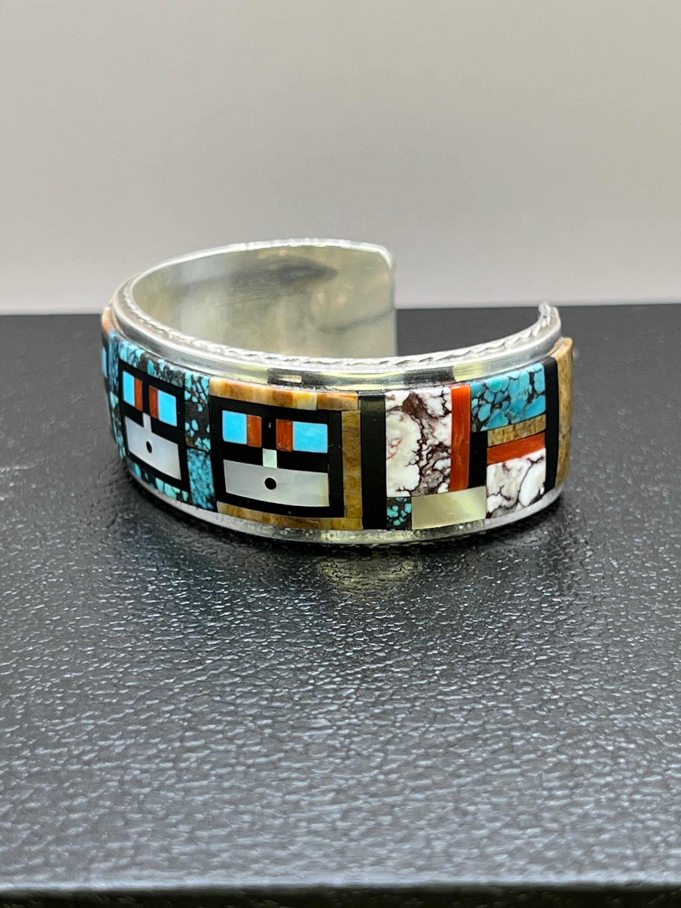 Zuni Sun Face Inlay Cuff on Silver Gilbert and Mildred Calavaza - Etsy