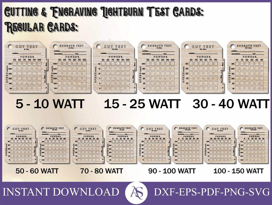 Laser Test Svg, Laser Cutting & Engraving Test Cards, Versions 5w,10w ...
