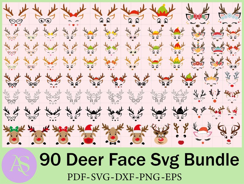 90 Christmas Reindeer Faces Svg Big Bundle Reindeer Girl - Etsy