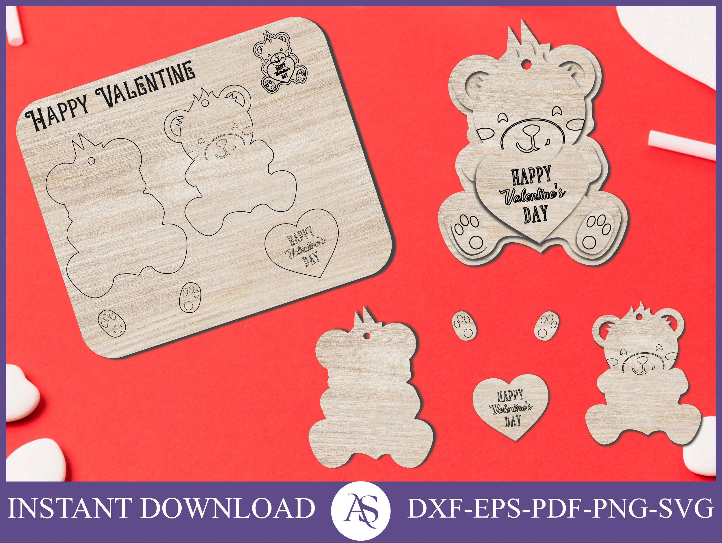 10 Valentine's Day Set, Pop-out Kids DIY Craft Kit, SVG, Valentine Bear ...