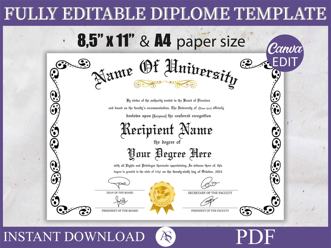 University Diploma, College Diploma, College Degree Template, Printable ...