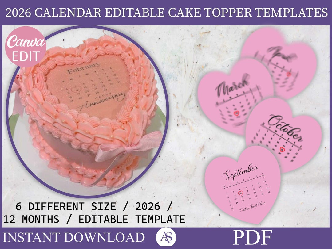 2026 Calendar Heart Cake Toppers, Burn Away Cake Topper Calendar ...