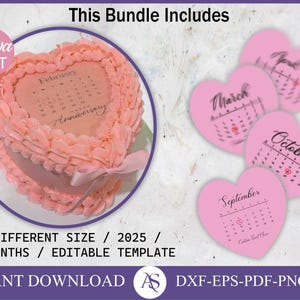 Burn Away Cake Topper Calendar Template, Custom Heart Cake Topper, 2025 ...