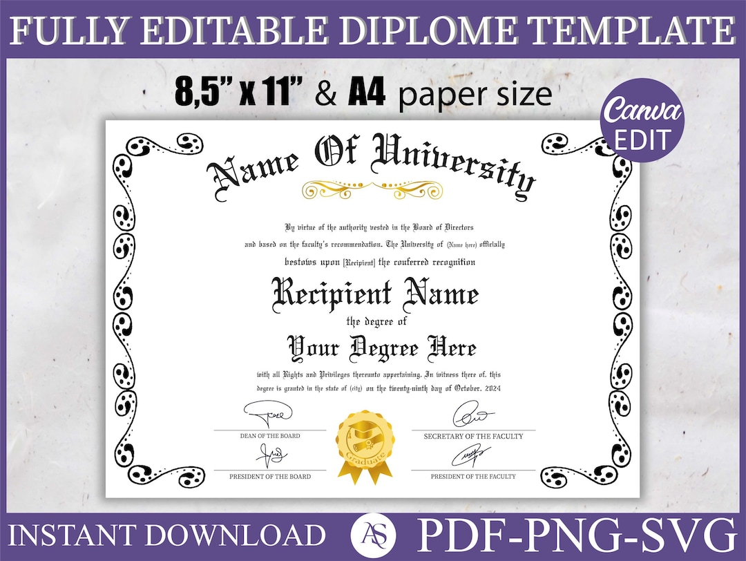 University Diploma, College Diploma, College Degree Template, Printable ...