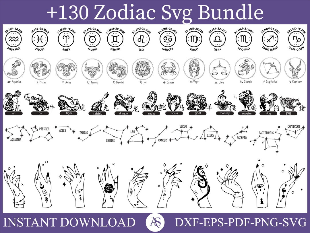 Zodiac Signs SVG Bundle, Horoscope SVG Bundle, Celestial Star Sign SVG ...