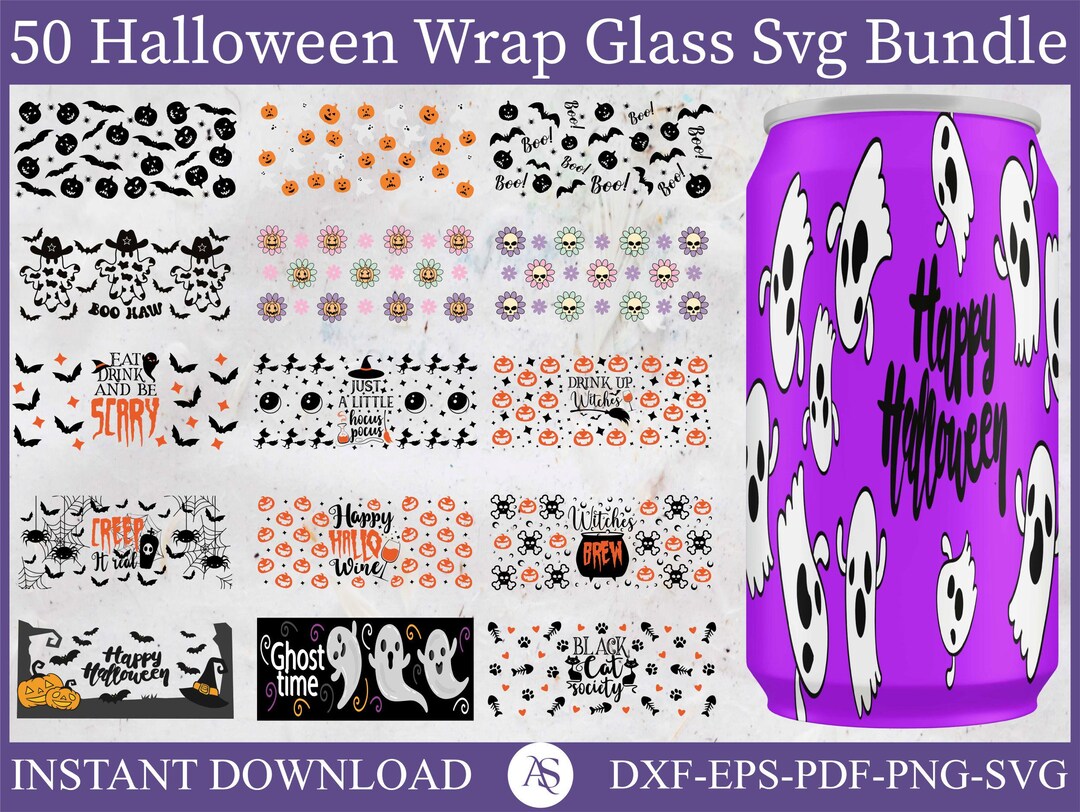 Halloween Glass Can Bundle - 16oz Glass Can Svg, Libbey Glass Can Wrap ...
