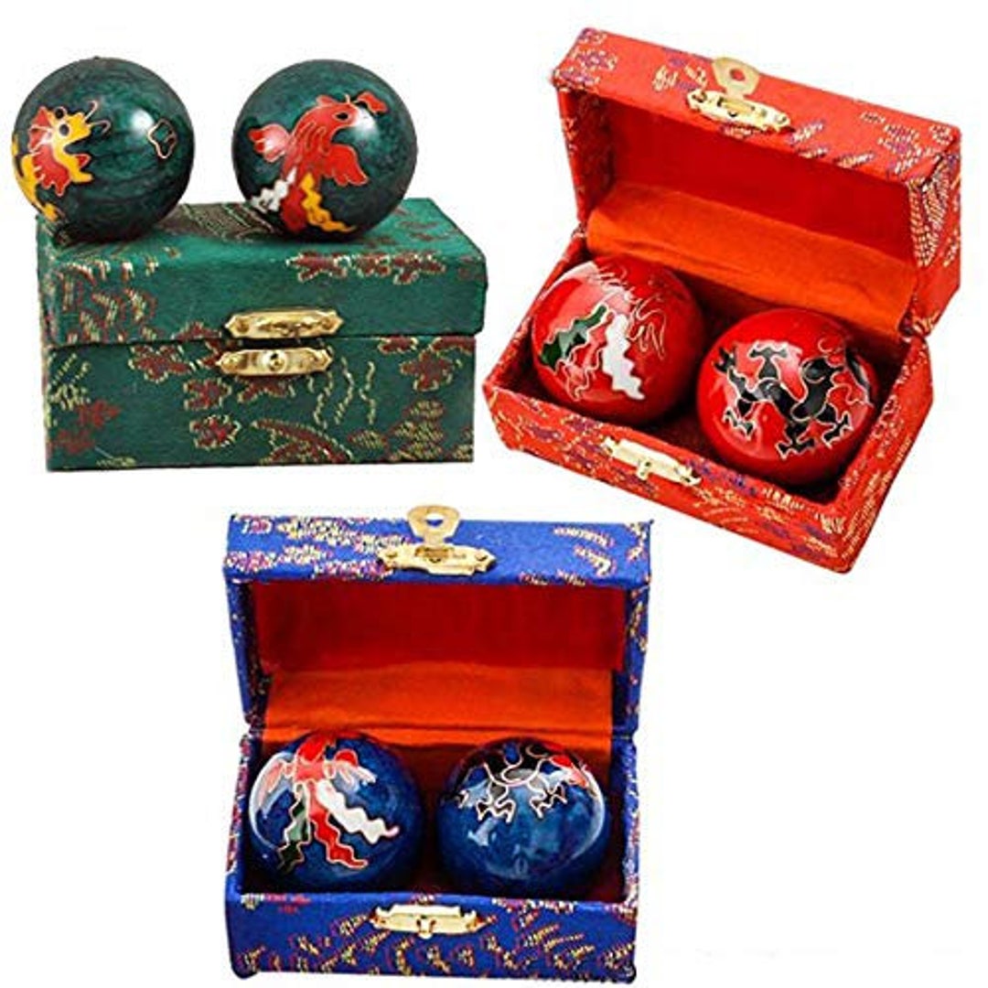 Vintage Chinese Iron Chime Balls Royal Blue Panda's Cloth Covered Box ...