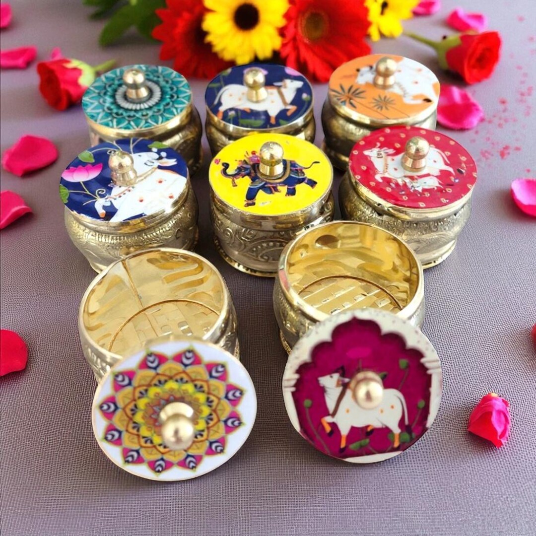 Brass Kumkum Box : Pichwai Art Sindoor Dani, Diwali Pooja Favors ...