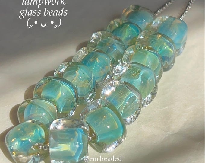 5/10pcs ⊹ 9mm Lake Blue Lampwork Glass Cube Beads Set, Handmade Unique ...