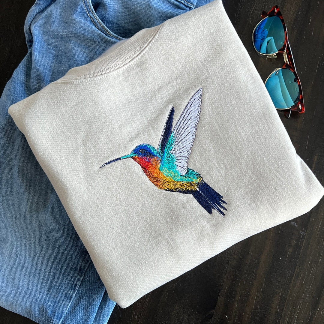 Embroidered Hummingbird Big Colorful Bird Nature Art Hoodie Crewneck ...