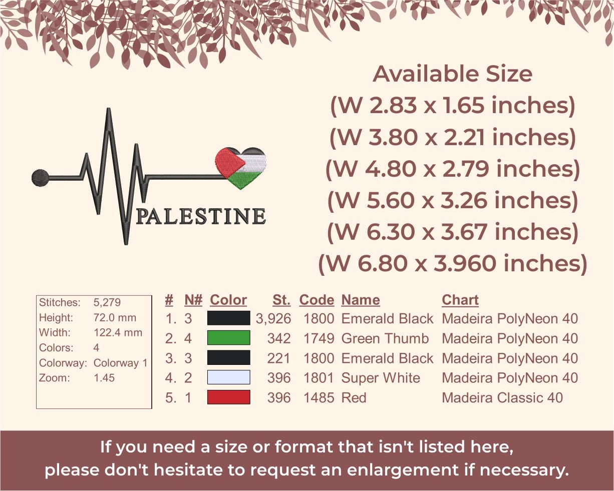 Palestine Heartline Design Machine Embroidery File, Palestine Flag ...