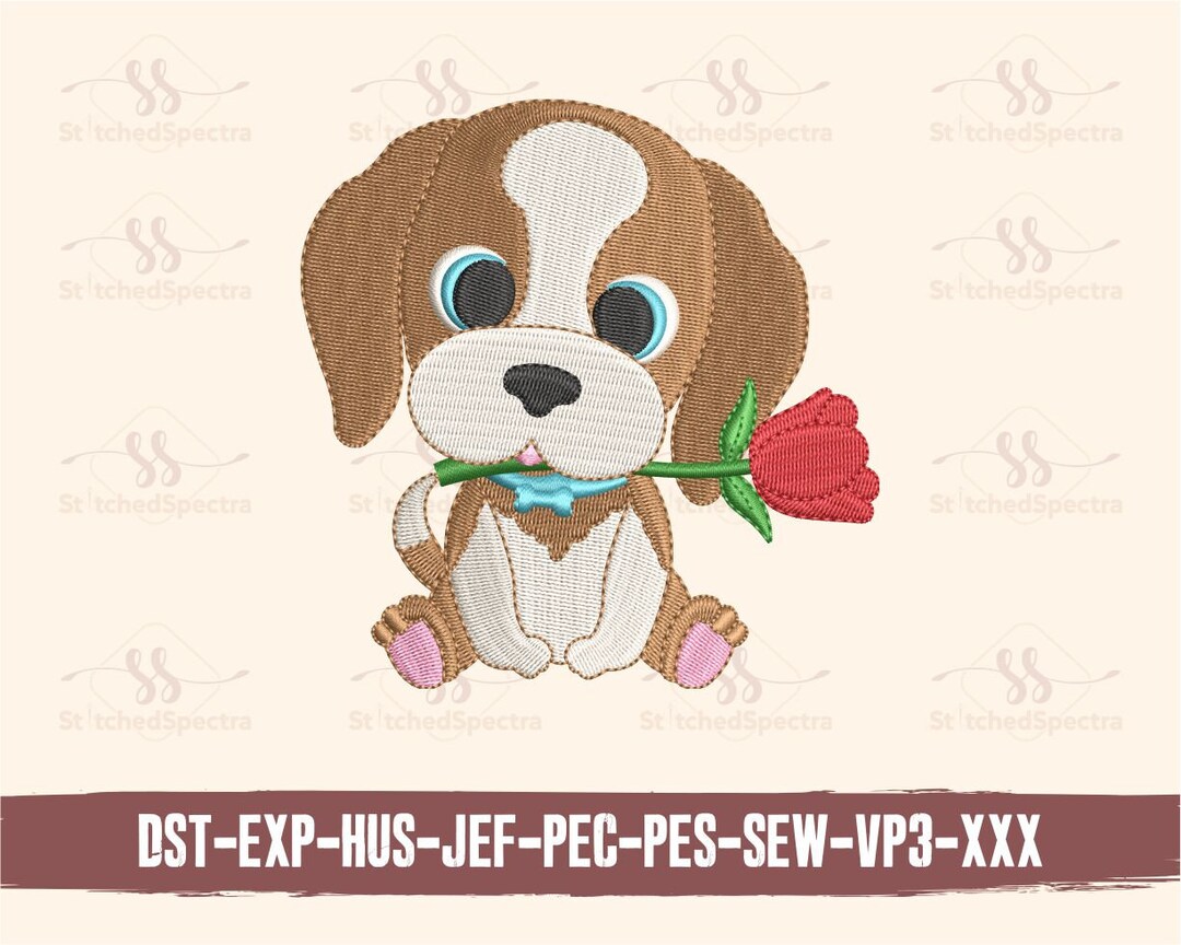 Puppy Rose Embroidery Design, Pet Dog With Flower Machine Embroidery ...