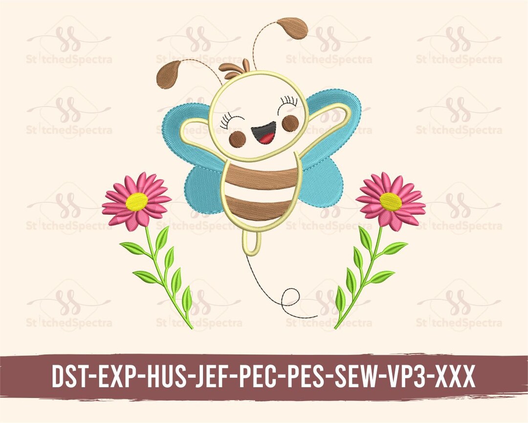 Honey BEE Machine Embroidery, Bumble Bee Embroidery Design, Floral Bee ...