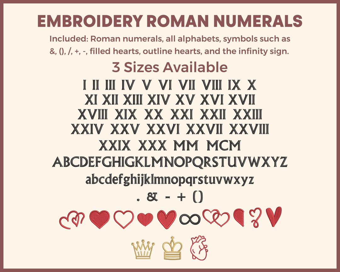 Roman Numerals Embroidery Design Fonts, Pack of Alphabets Roman Numbers ...
