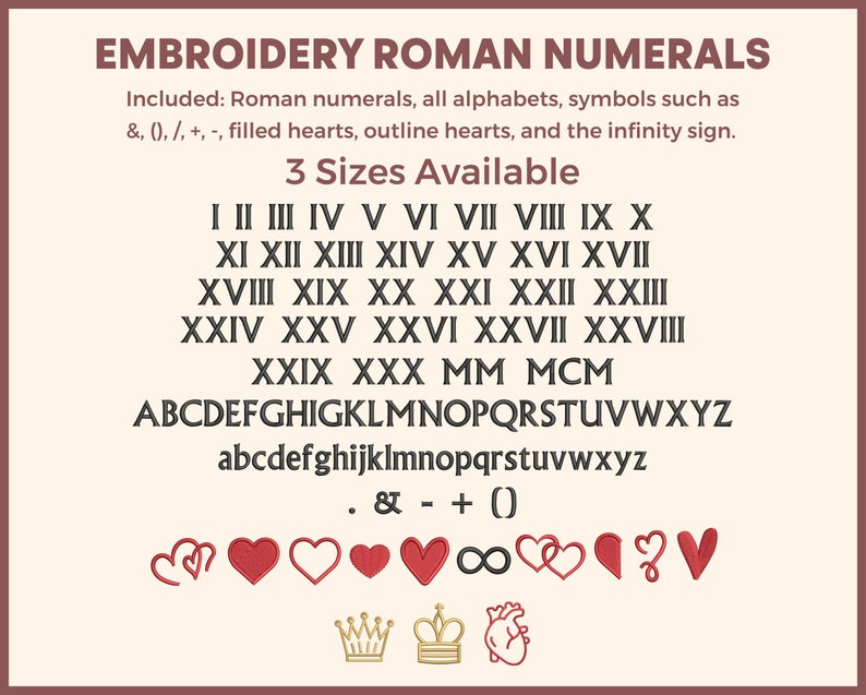 Roman Numerals Embroidery Design Fonts, Pack of Alphabets Roman Numbers ...