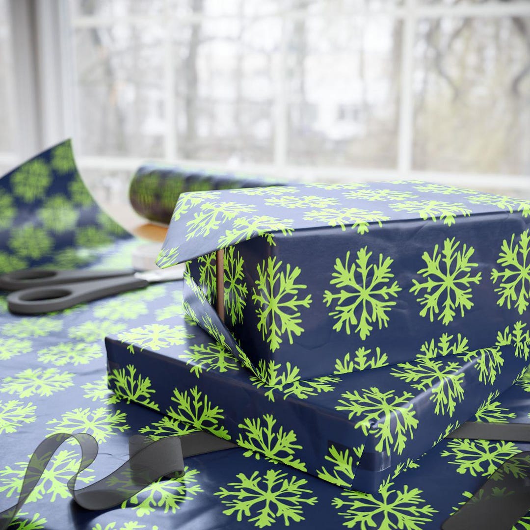 Snowflake Design Wrapping Paper Holiday Gift Wrap Blue and Green Neon ...