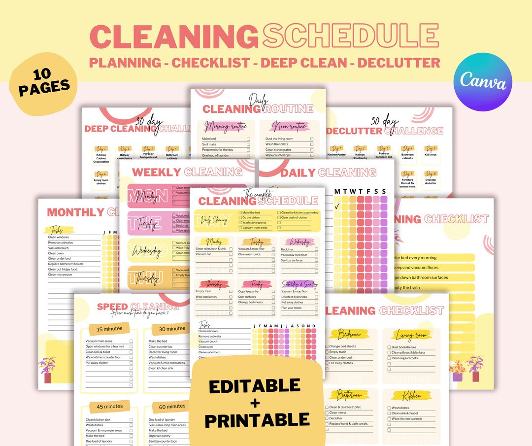 Printable Cleaning Schedule, Digital Cleaning Planner, Daily, Weekly Checklist, Declutter ...