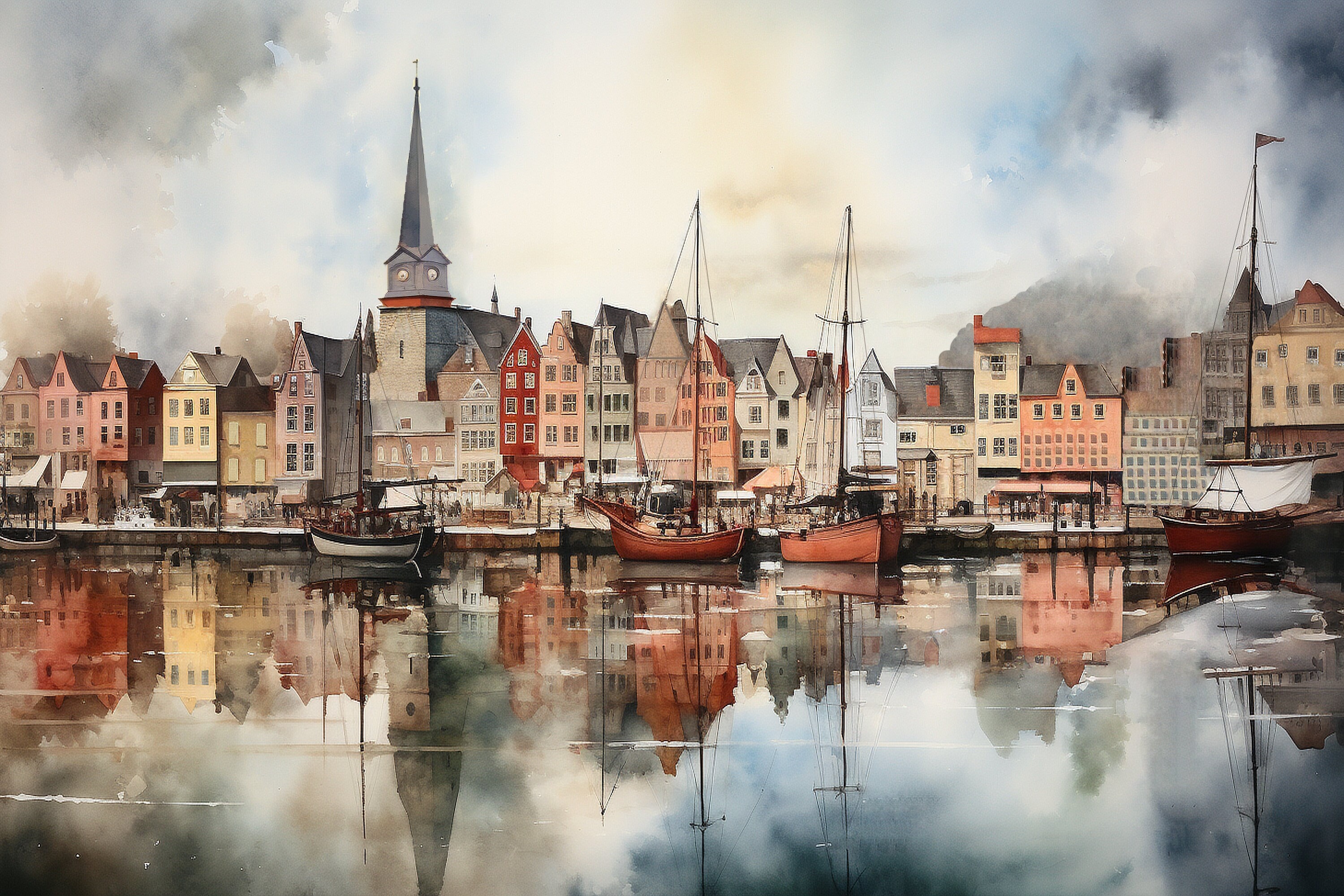 Watercolor Harbor Scene Wall Art, Colorful Coastal Town Print, Nautical ...