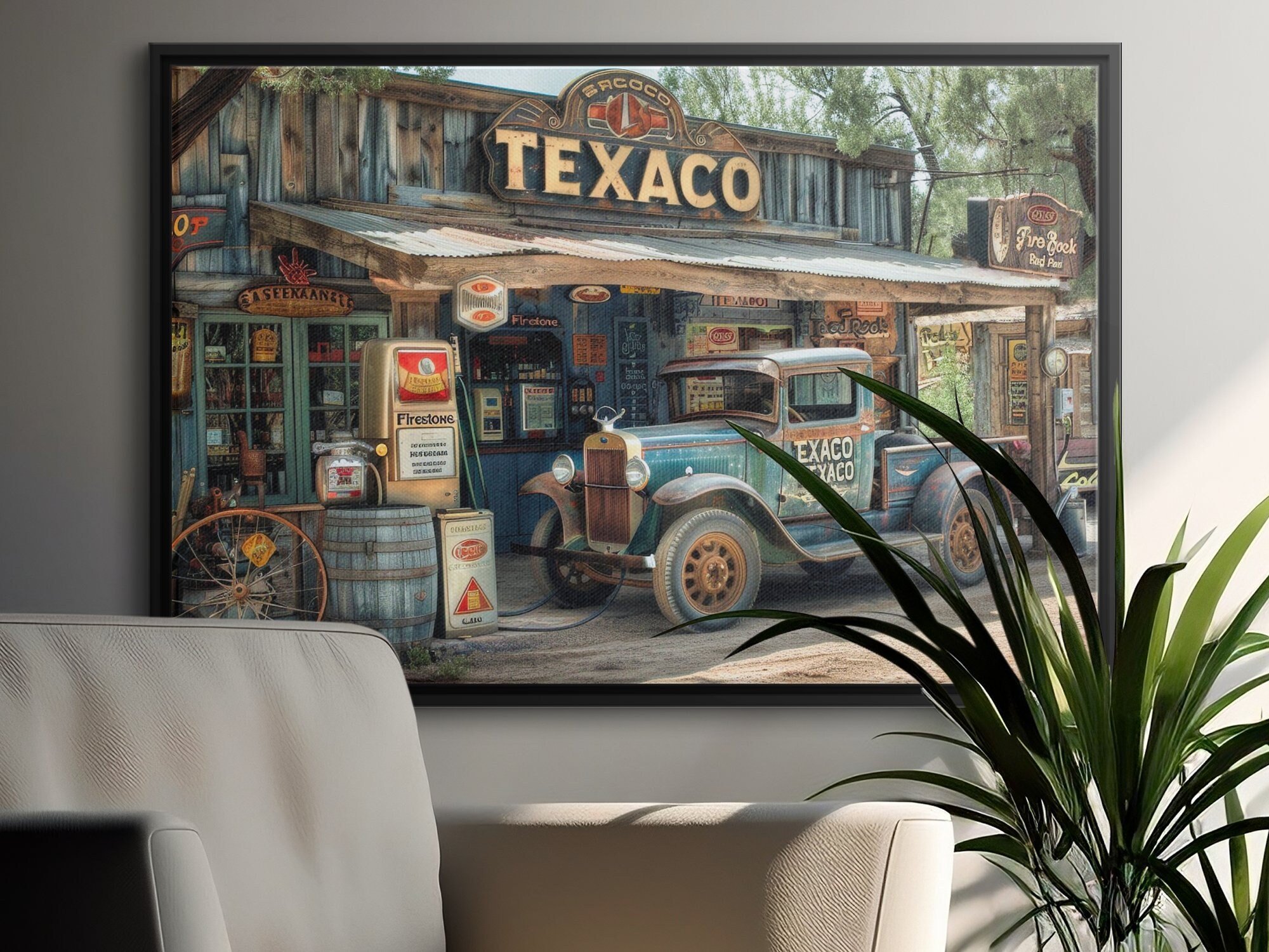 Vintage Texaco Gas Station Print, Rustic Old Truck Wall Art, Retro ...