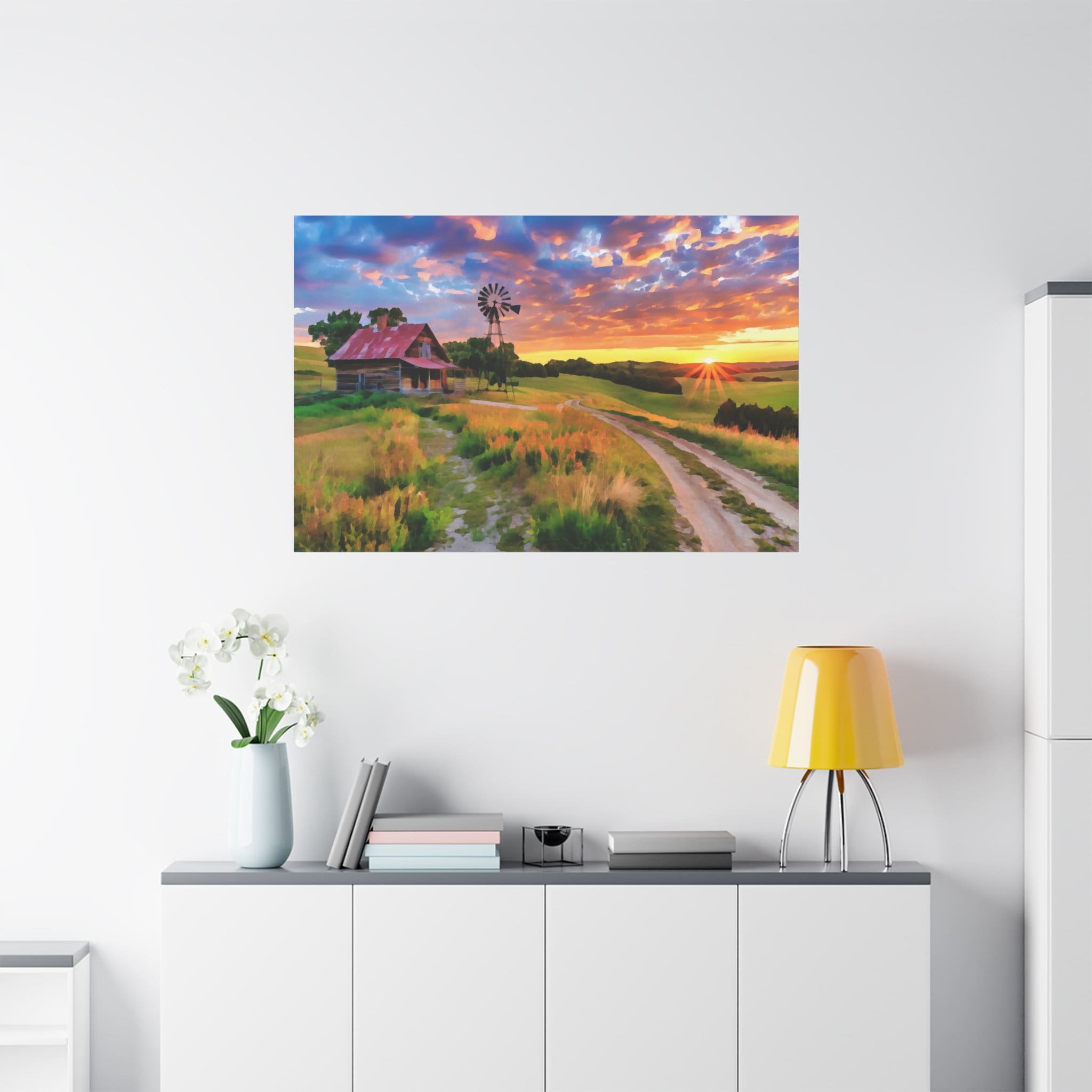 Rustic Farmhouse Sunset Watercolor Wall Art, Country Landscape Print ...