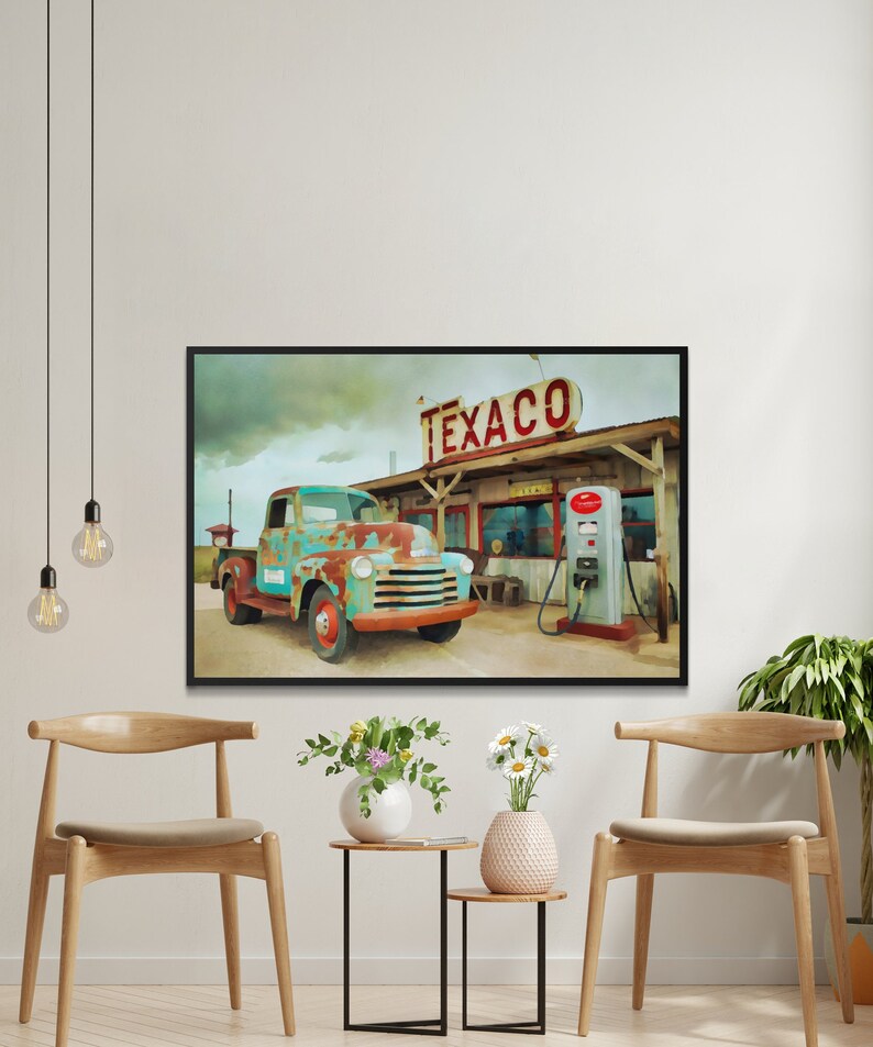 Vintage Gas Station Decor, Retro Truck Wall Art, Old Texaco Station ...