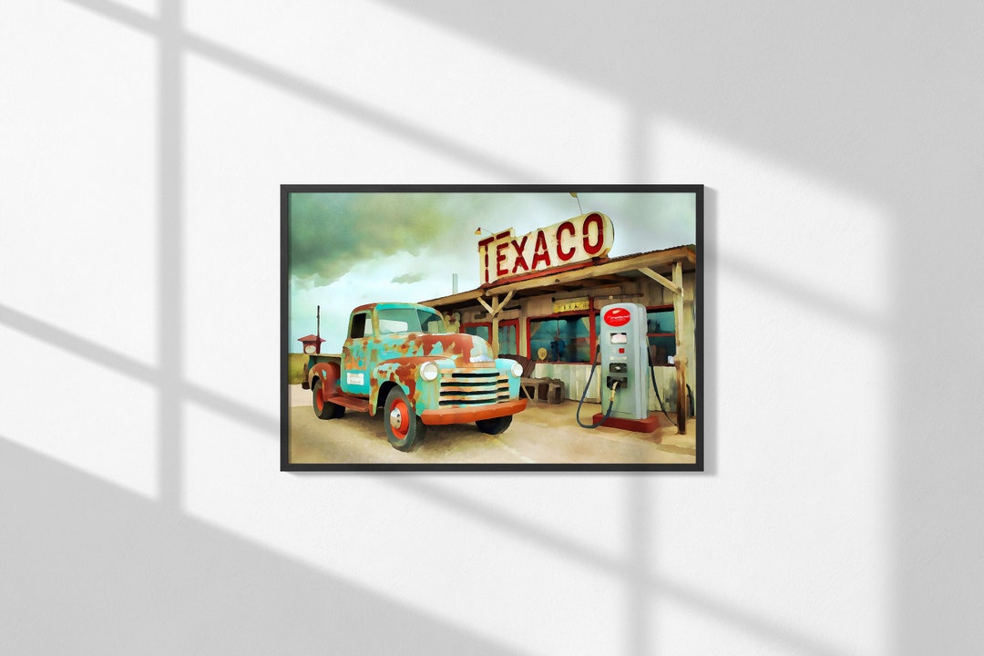 Vintage Gas Station Decor, Retro Truck Wall Art, Old Texaco Station ...