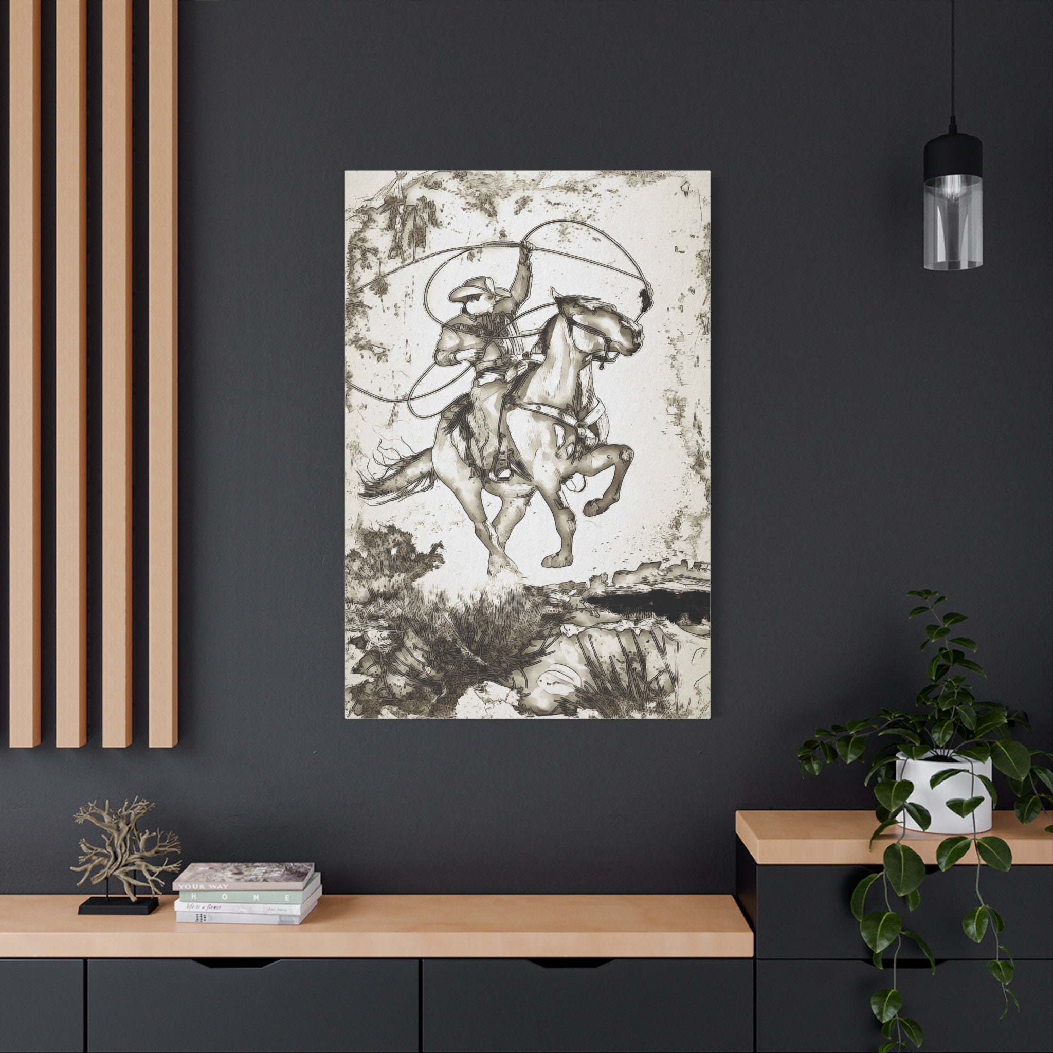 Vintage Cowboy Lassoing on Horseback Ink Wall Art, Rustic Western Decor ...