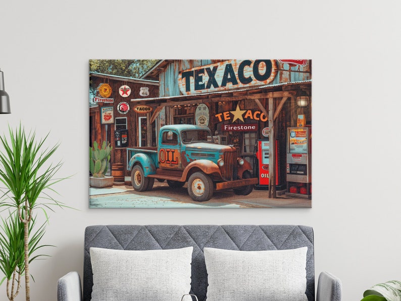 Vintage Gas Station Wall Art, Retro Truck Decor, Rustic Automotive ...