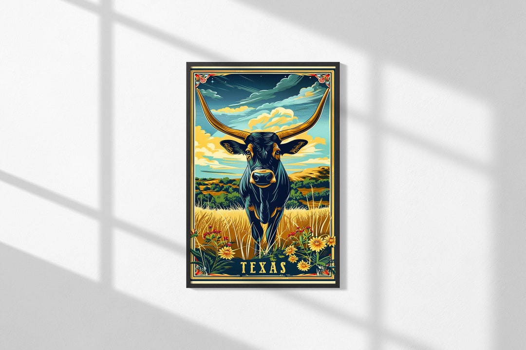 Vintage Texas Longhorn Poster, Rustic Farmhouse Wall Art, Western Decor ...