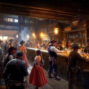 Old West Saloon Wall Art, Vintage Western Bar Scene, Cowboy Tavern ...