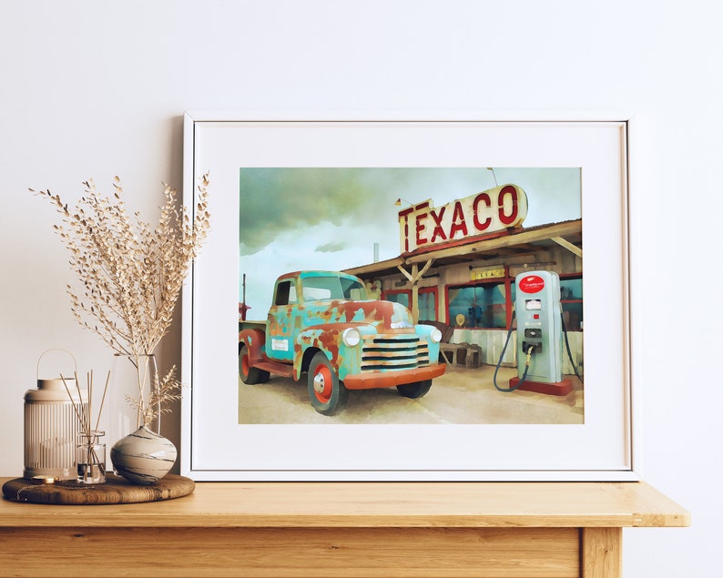 Vintage Gas Station Decor, Retro Truck Wall Art, Old Texaco Station ...