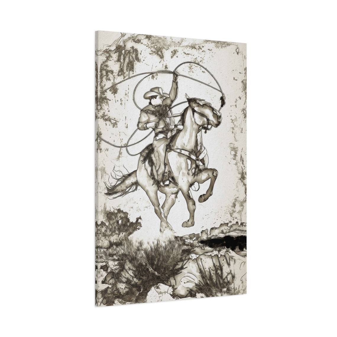 Vintage Cowboy Lassoing on Horseback Ink Wall Art, Rustic Western Decor ...