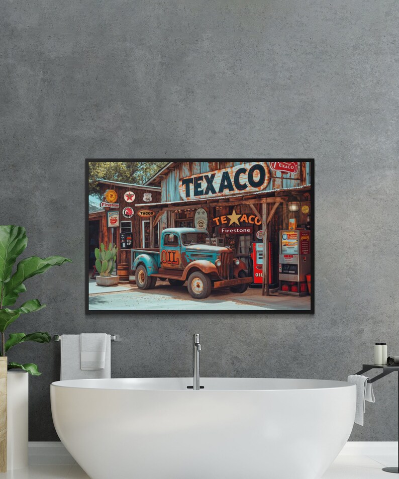 Vintage Gas Station Wall Art, Retro Truck Decor, Rustic Automotive ...