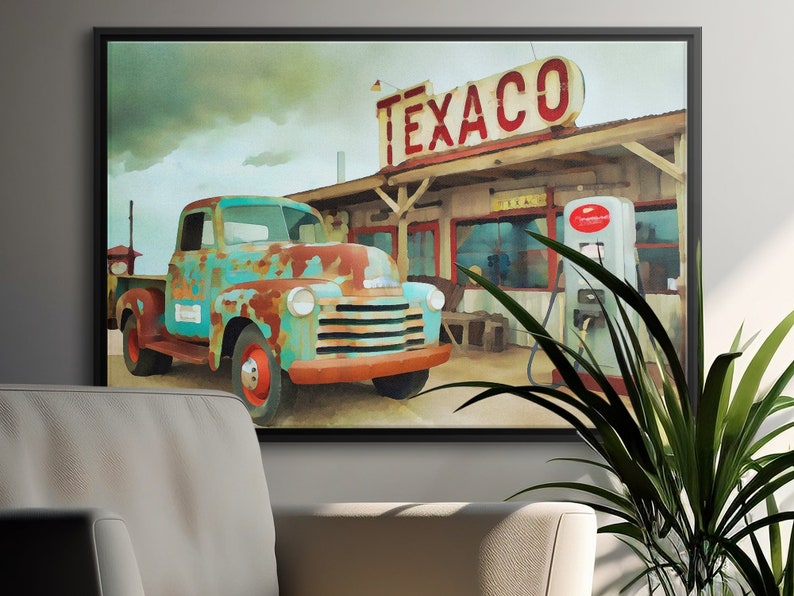 Vintage Gas Station Decor, Retro Truck Wall Art, Old Texaco Station ...
