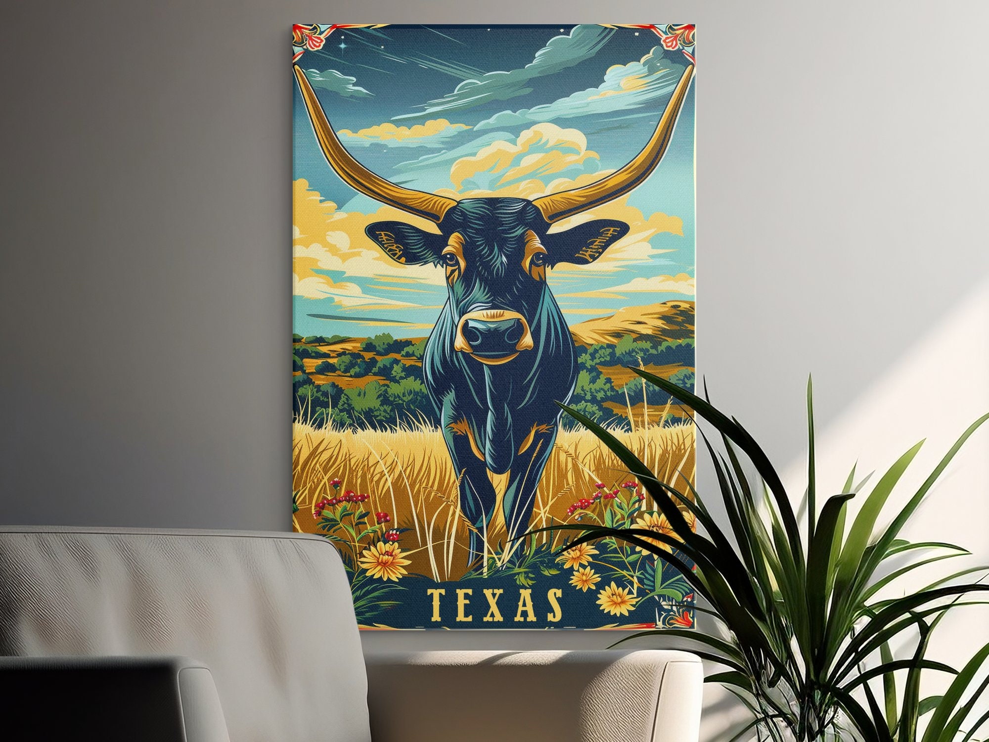 Vintage Texas Longhorn Poster, Rustic Farmhouse Wall Art, Western Decor ...