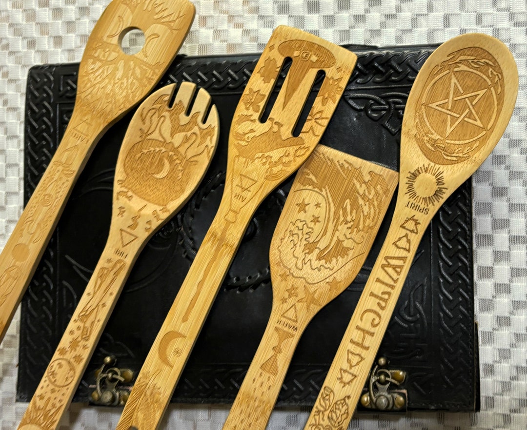 Set of 5 Element-inspired Carved Wooden Spoons for Kitchen Witches ...