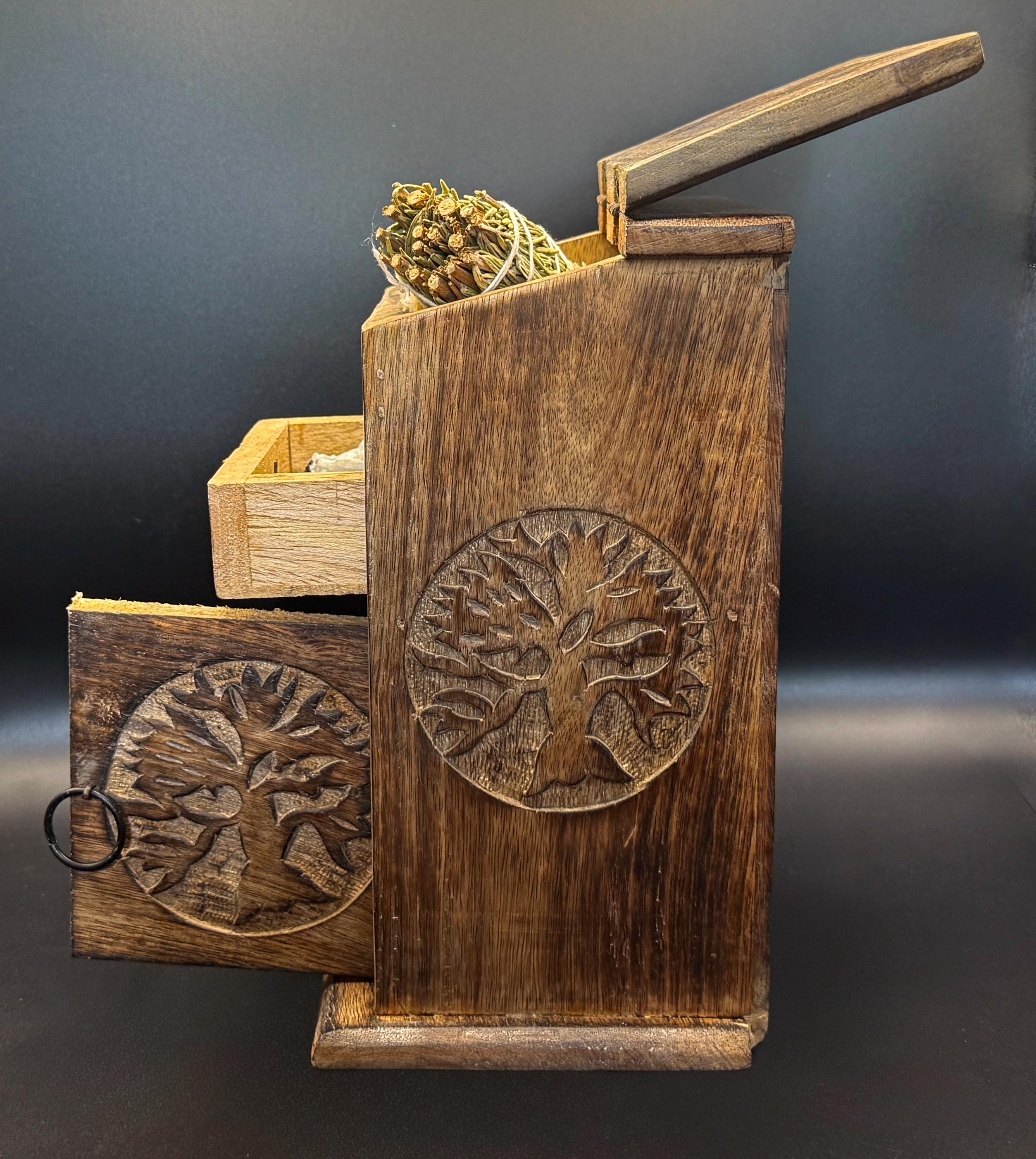 Tree of Life Wooden Altar Chest – 3-compartment Witch Storage Box for ...