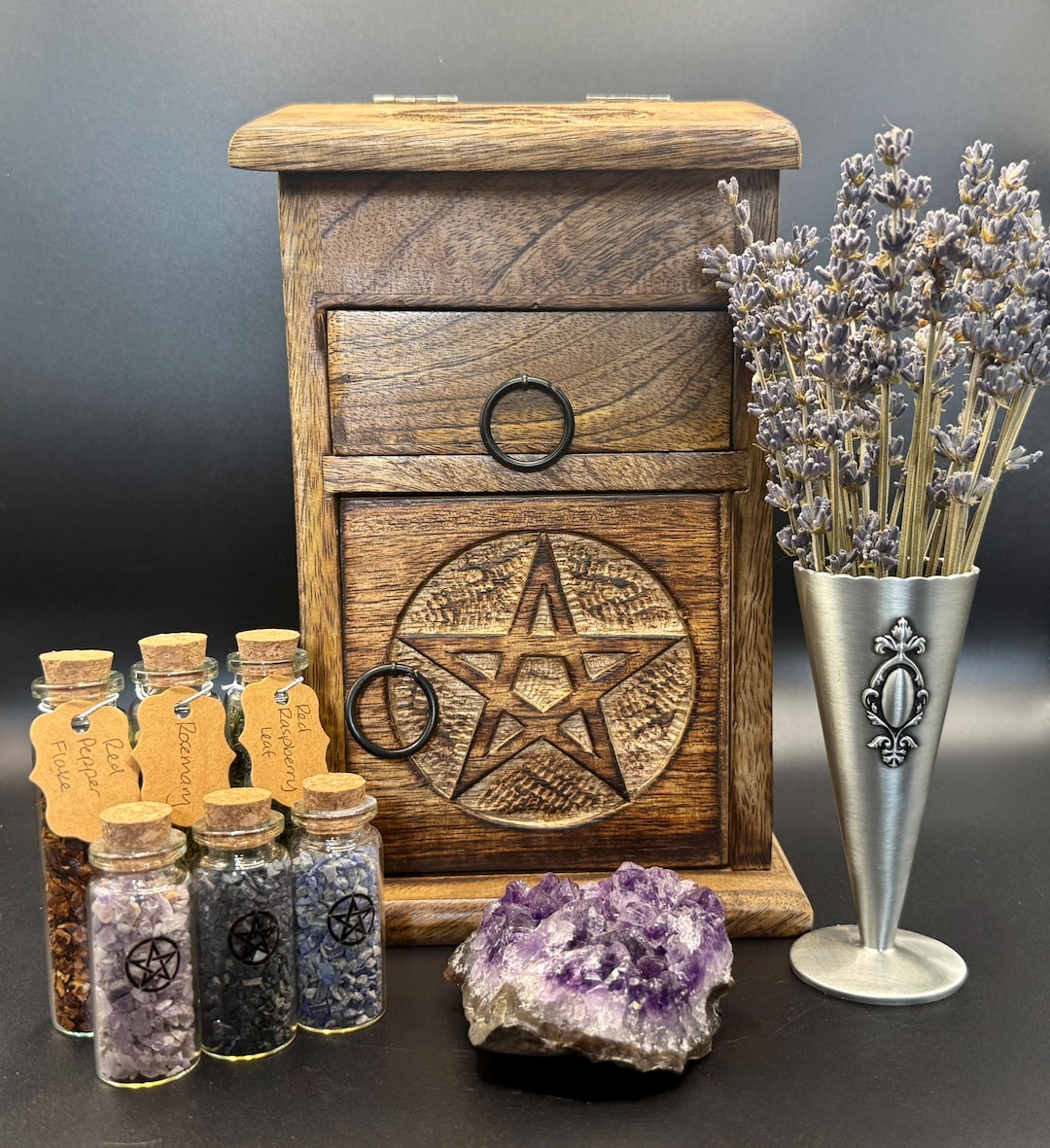 Pentacle Wooden Altar Chest – 3-compartment Witch Storage Box for ...