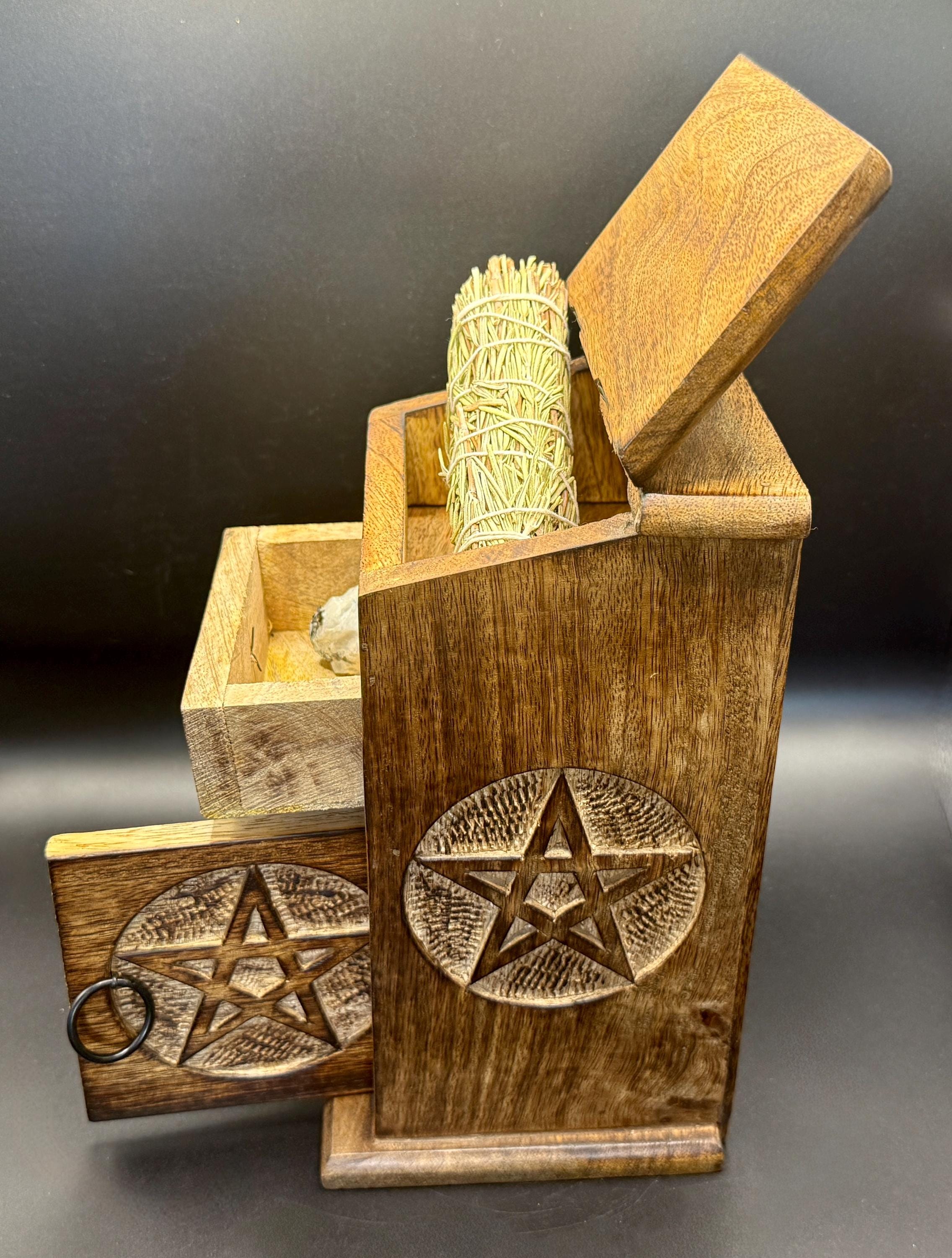 Pentacle Wooden Altar Chest – 3-compartment Witch Storage Box for ...