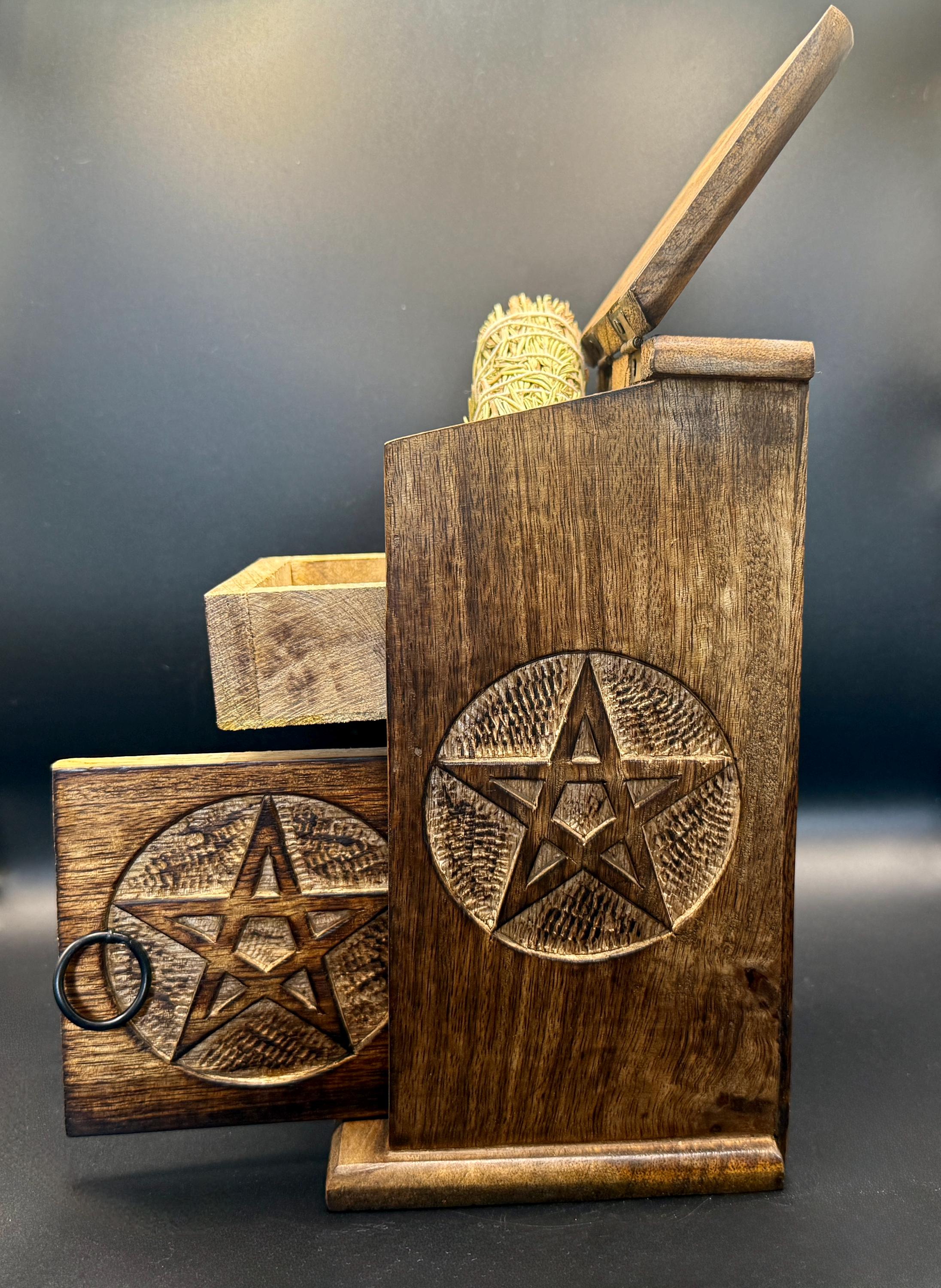 Pentacle Wooden Altar Chest – 3-compartment Witch Storage Box for ...