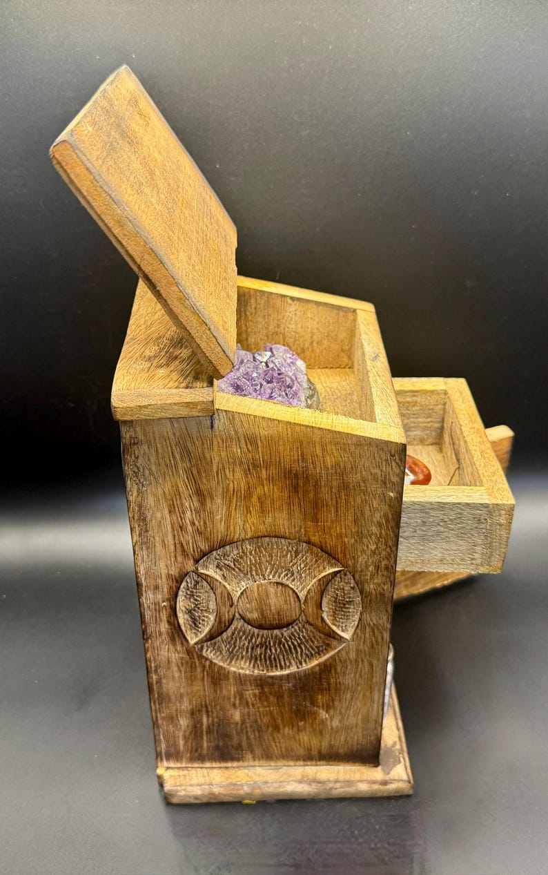 Triple Moon Wooden Altar Chest – Carved Witch Storage Box With 3 ...